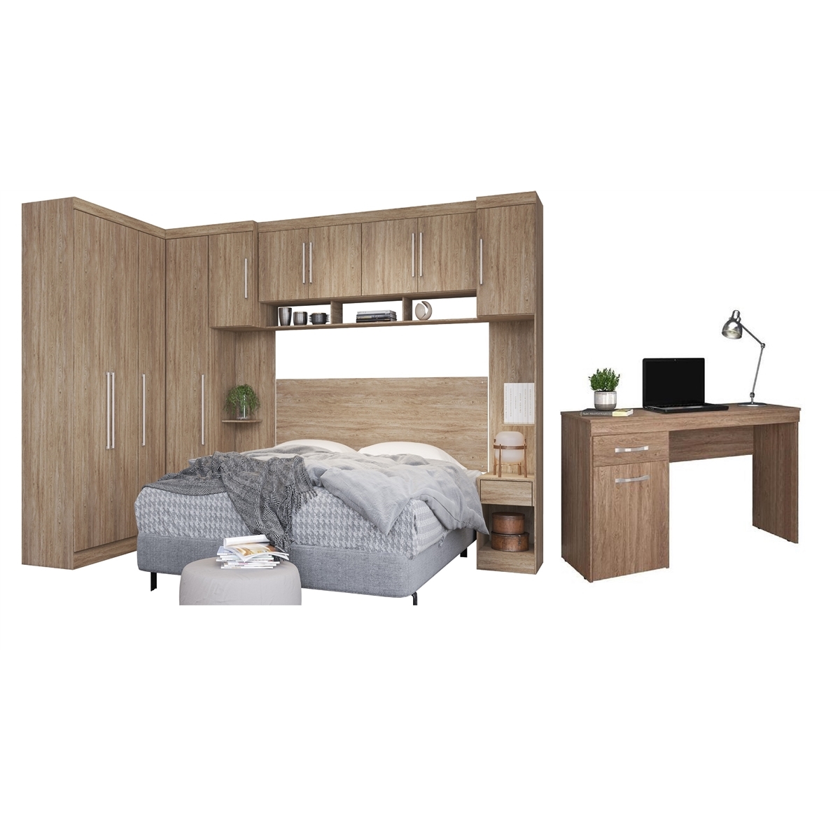 Quarto Casal Modulado Com Escrivaninha Nogal- Móveis Leartam 3453 ...